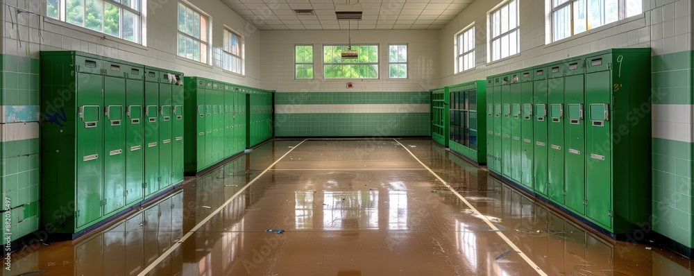 Eerie school locker room with broken lockers, damp floors, and a sense ...