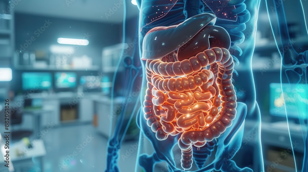 Artistic rendering of human digestive system, labeled anatomy, medical ...