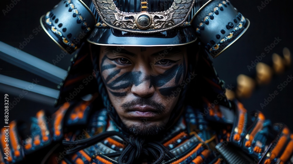 Dynamic scene of a Shogun in traditional armor during a ritual dance ...