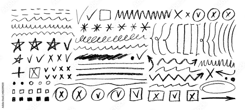 Collection of crayon drawn underlines, brackets, dots and check marks ...