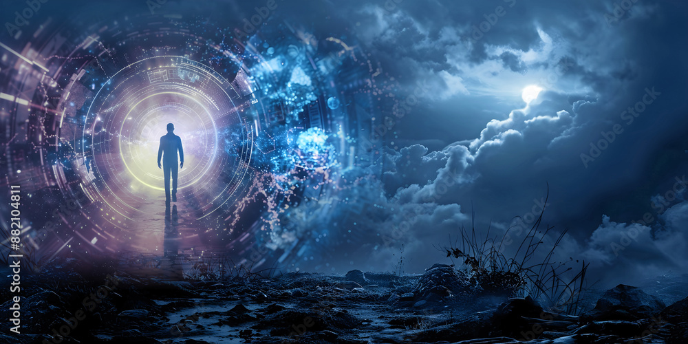 Time traveller about to move through a time portal - dark silhouette of ...