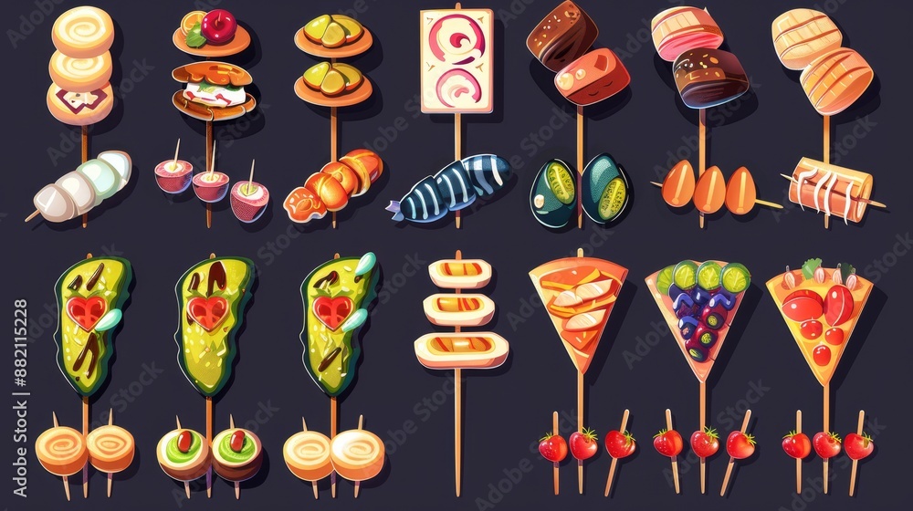 Modern cartoon set of canape appetizers for a buffet menu. Little ...