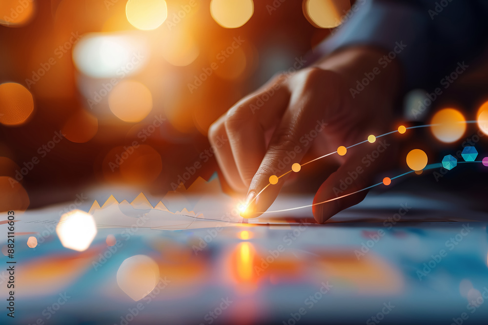 Close-up of hand interacting with digital touch screen displaying data ...