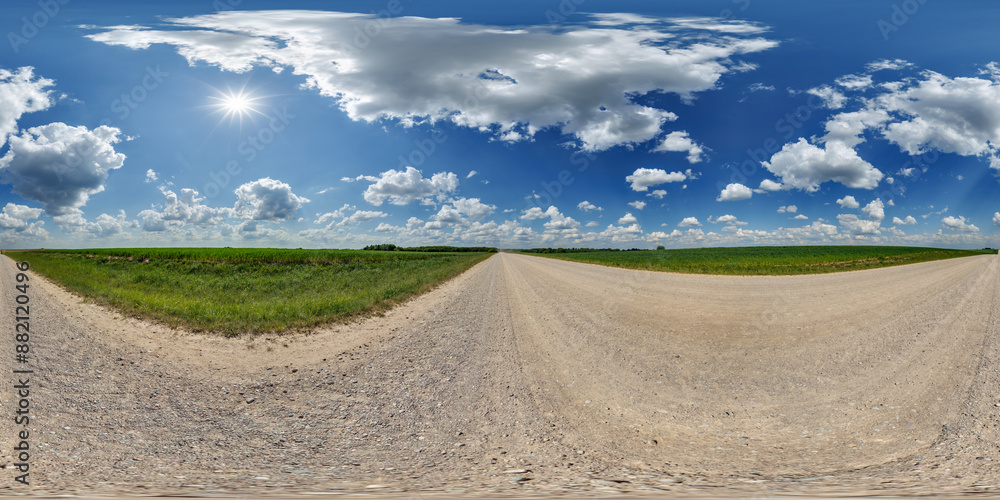blue sky hdri 360 panorama with awesome clouds on gravel road among ...