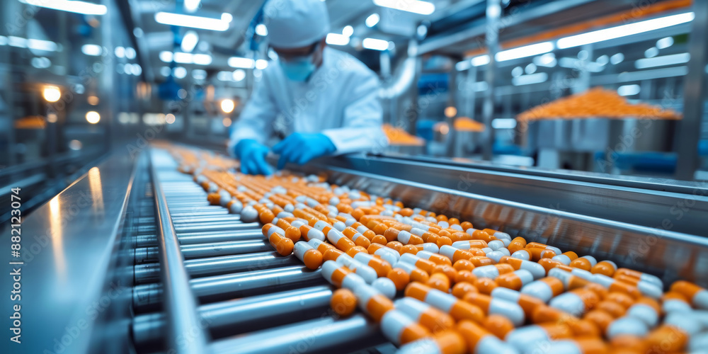 Pharmaceutical Factory Worker Supervising Automated Pill Production ...