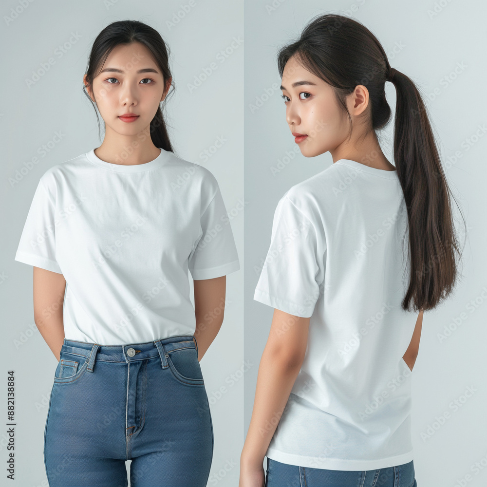 mockup of plain t-shirt worn by asian women in photo of two models ...