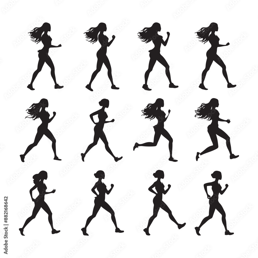 Set of Girl Run Cycle Animation Sprite Sheet jogging silhouette white ...