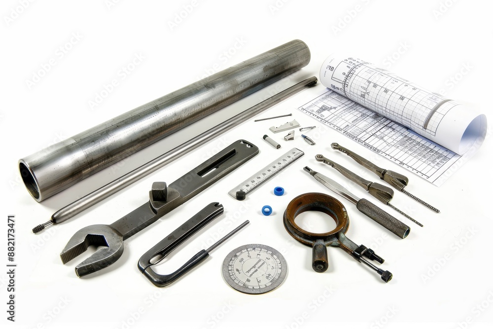 Engineering tools frame white canvas. Precision instruments ready ...