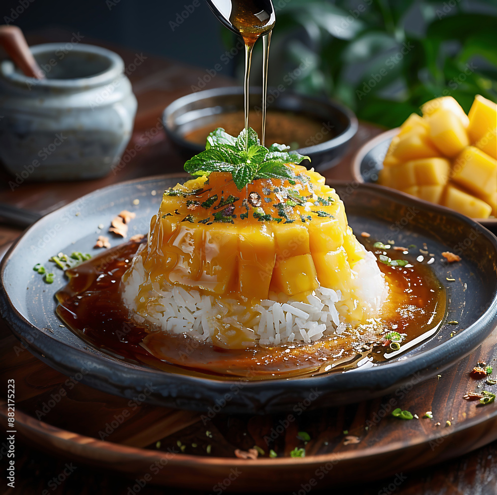 Delicious Thai mango sticky rice, sweet aroma of ripe mangoes and ...