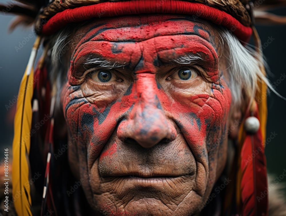 Portrait of a senior indigenous man with traditional face paint, vivid ...
