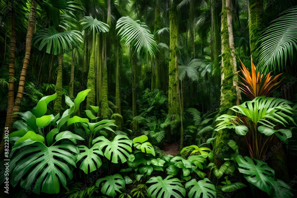 Nature frame of jungle trees with tropical rainforest foliage plants ...