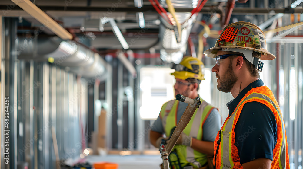 Busy construction crew working on installing HVAC ductwork in a ...