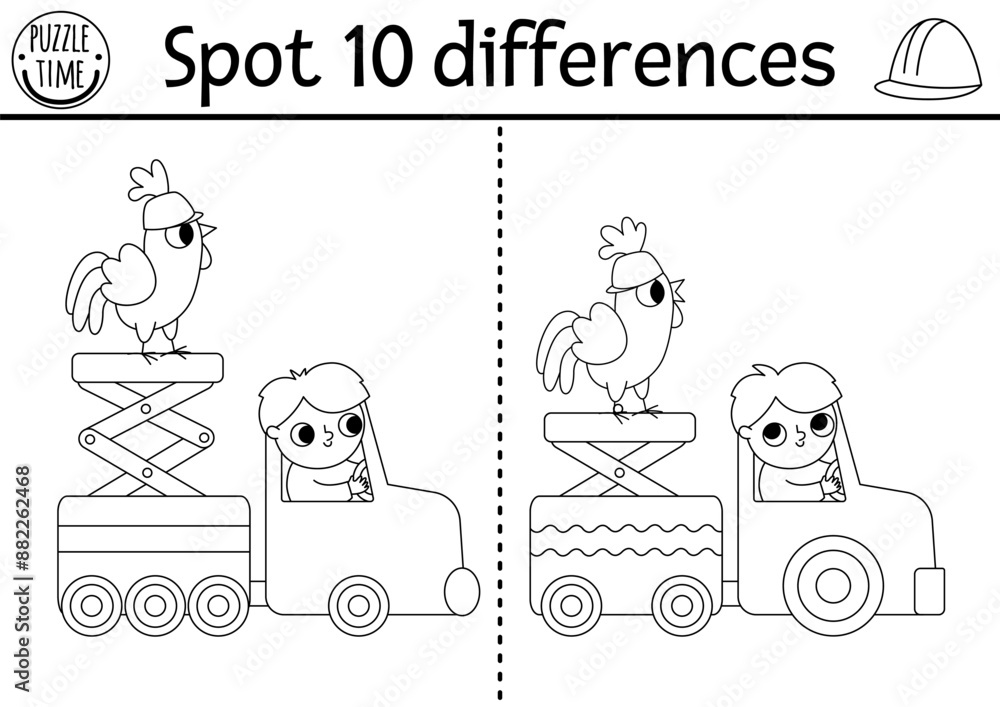 Find differences black and white game for children. Construction site ...