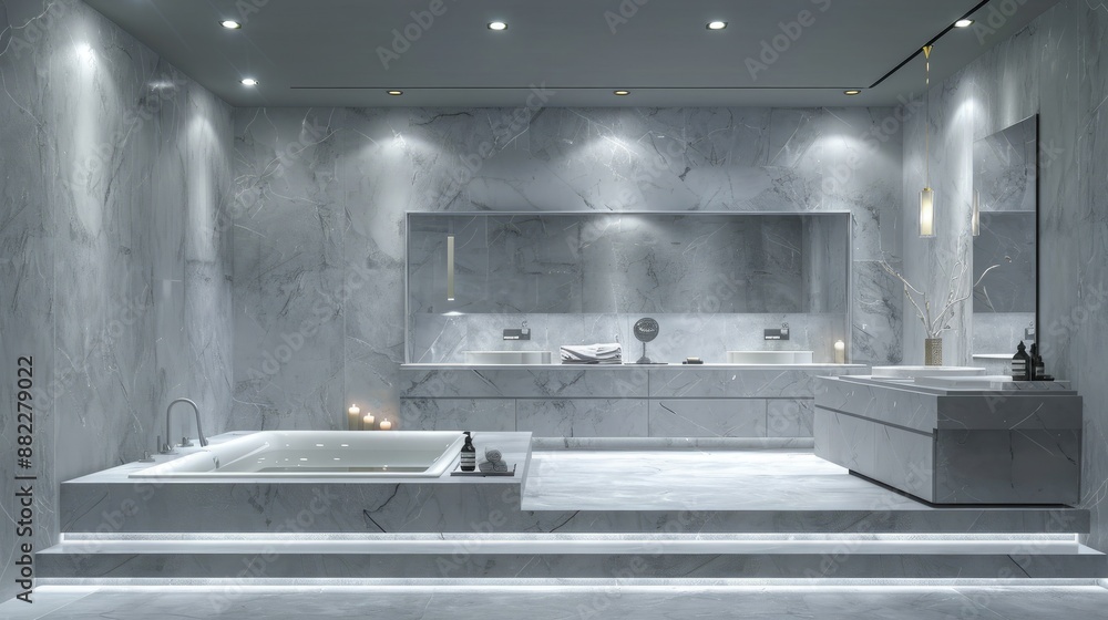 A stylish grey marble bathroom featuring recessed LED lighting, a ...