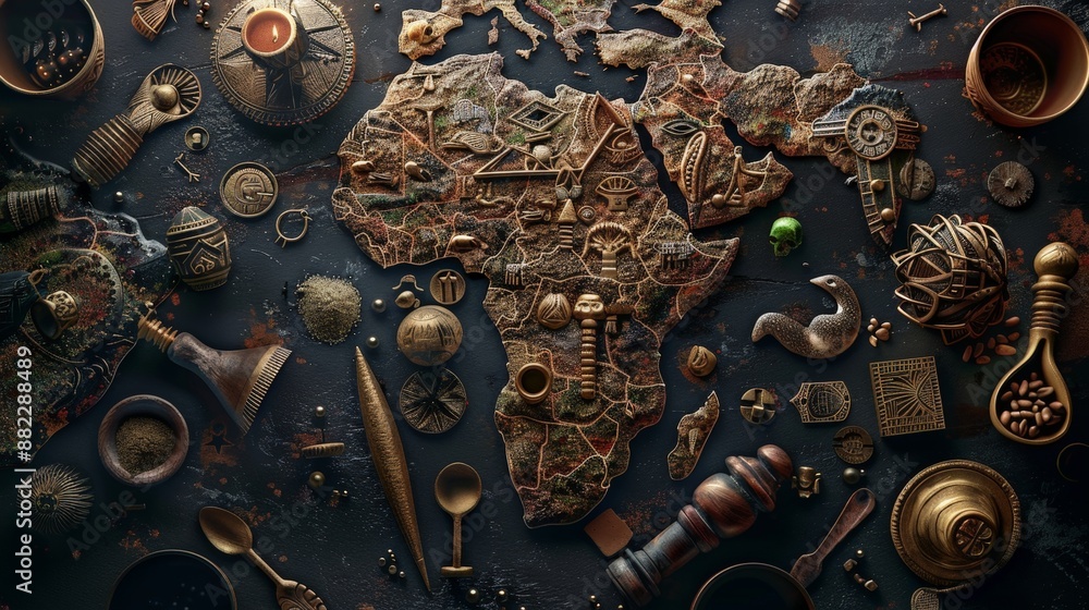 Map of Africa formed by African cultural artifacts, objects and tools ...