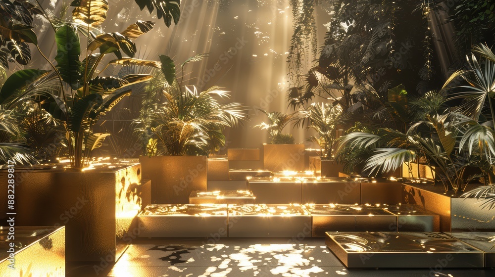 A garden where plants sprout from gold bars in a lush forest theme, front view, symbolizing ...