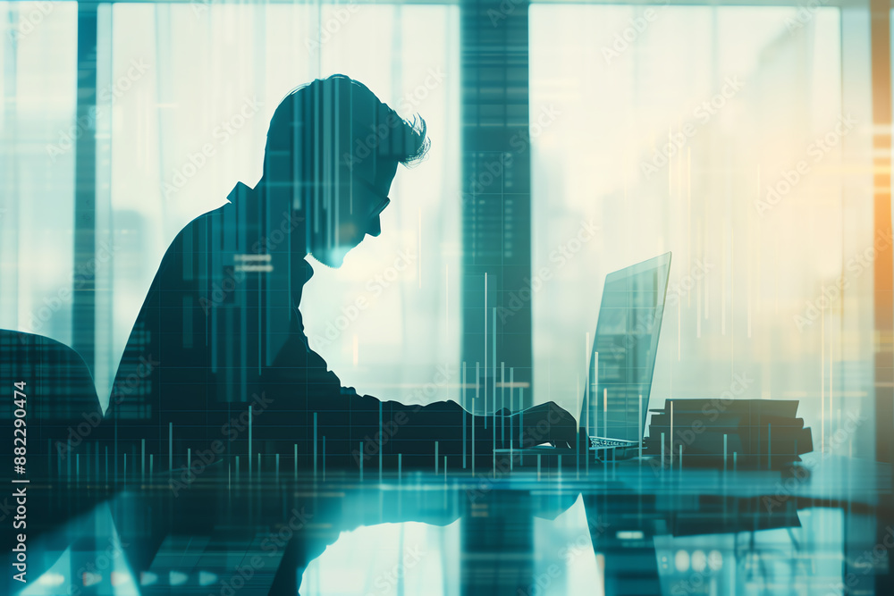 Double exposure of a graphic designer with digital design tools ...