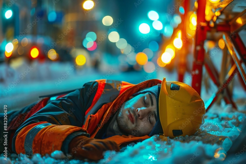 dramatic photo of a young technician lying unconscious on the street ...