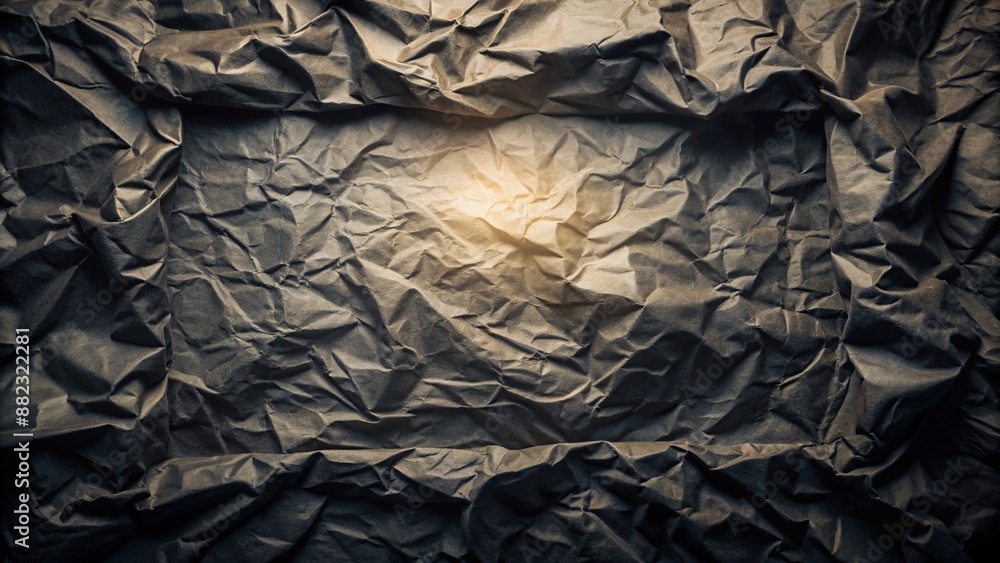 Dark, crinkled black paper texture fills the frame, with subtle creases ...