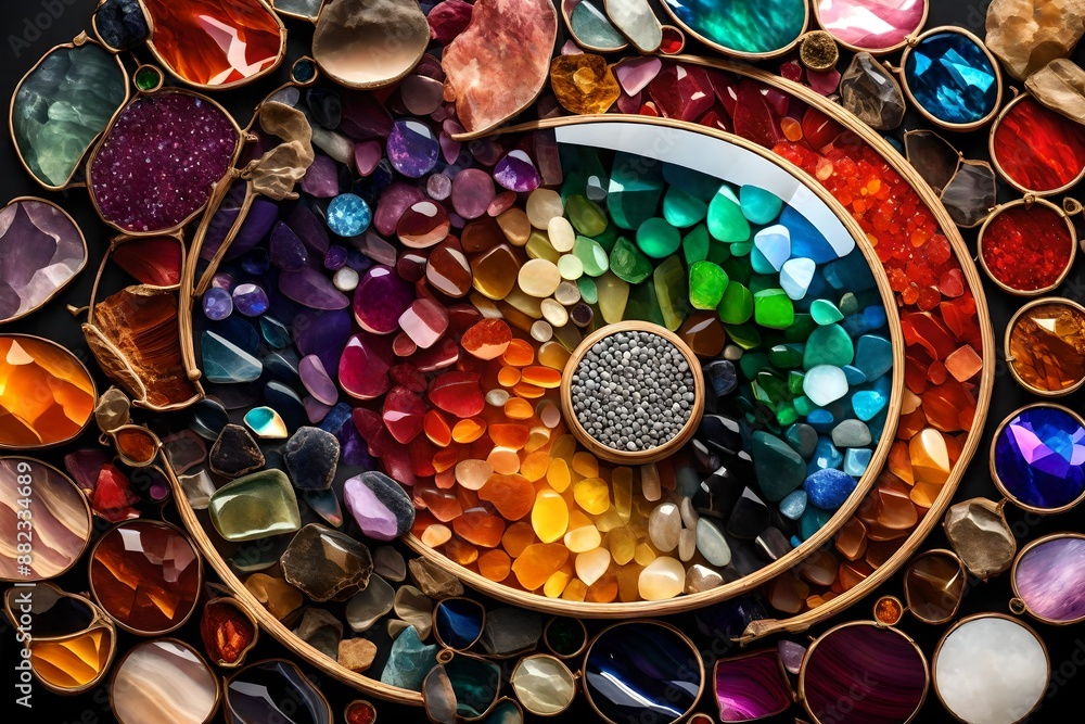Color spectrum of semiprecious polished gemstones in circle frame ...