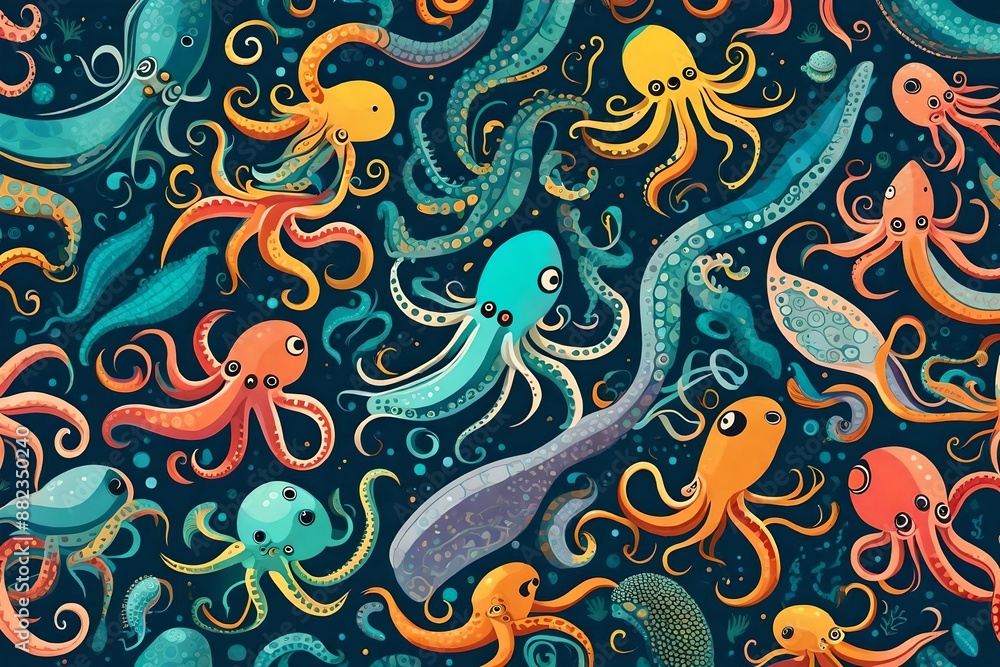 Cute color octopuses, sea animals with tentacles. Vector cartoon set of ...