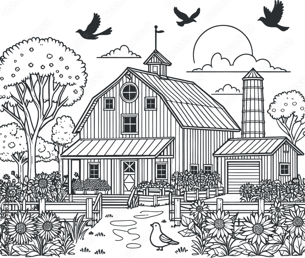 farmhouse line art vector silhouette for coloring book on a white ...