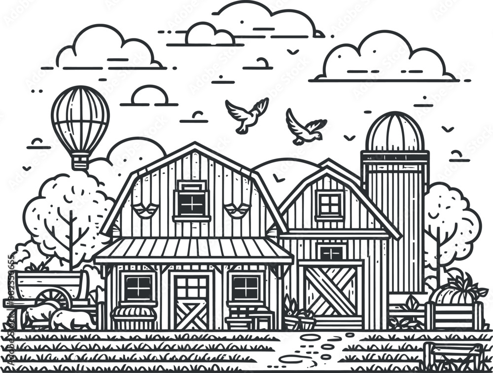 farmhouse line art vector silhouette for coloring book on a white ...
