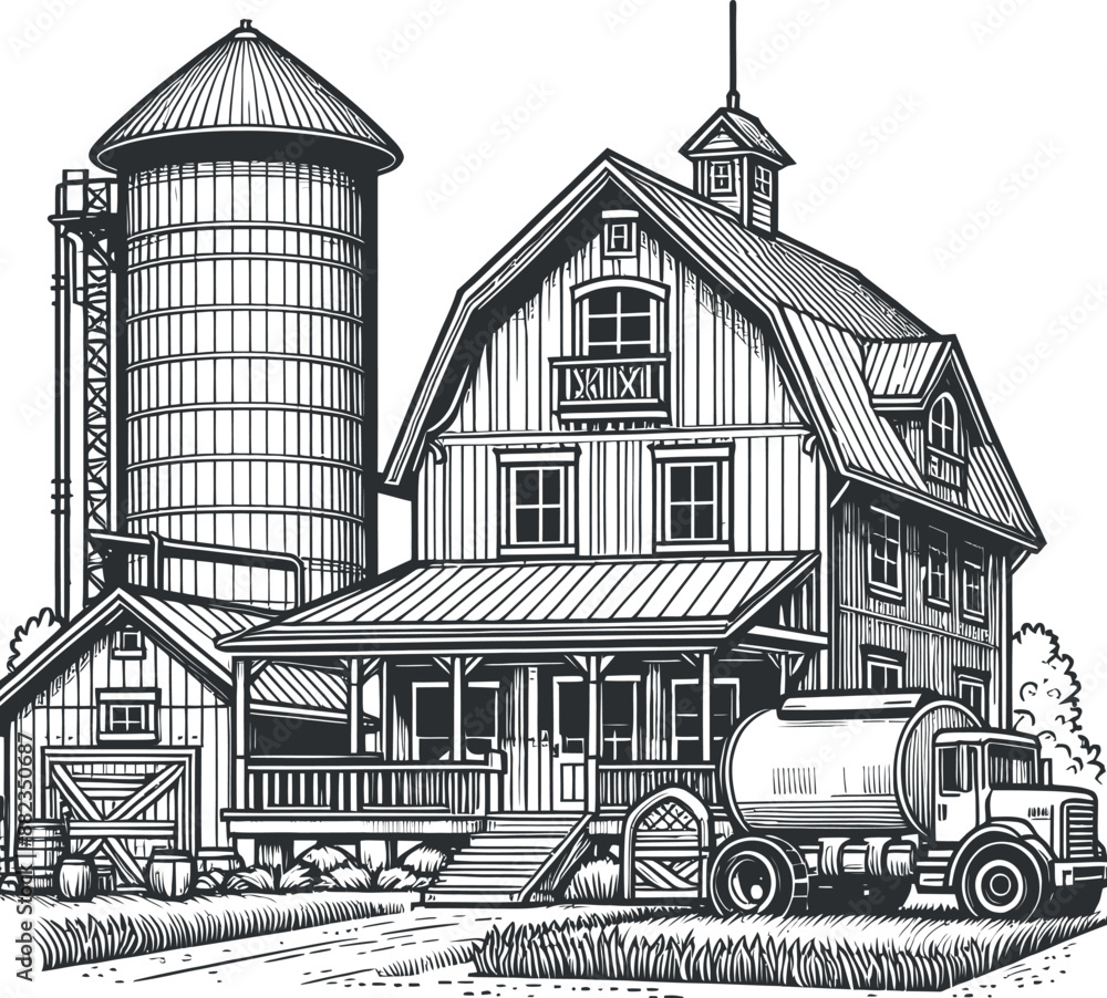 farmhouse line art vector silhouette for coloring book on a white ...
