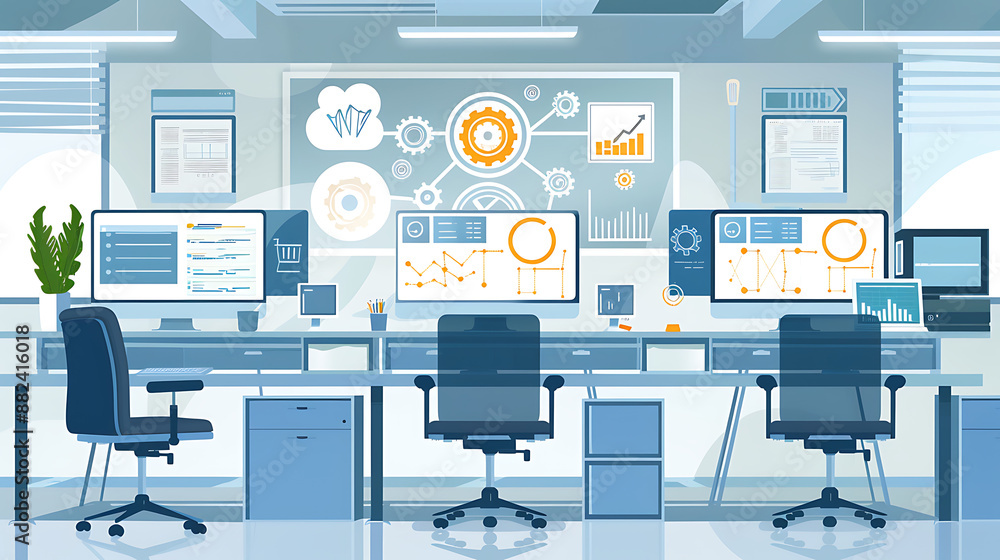 a modern, high-tech office environment. There are four workstations ...