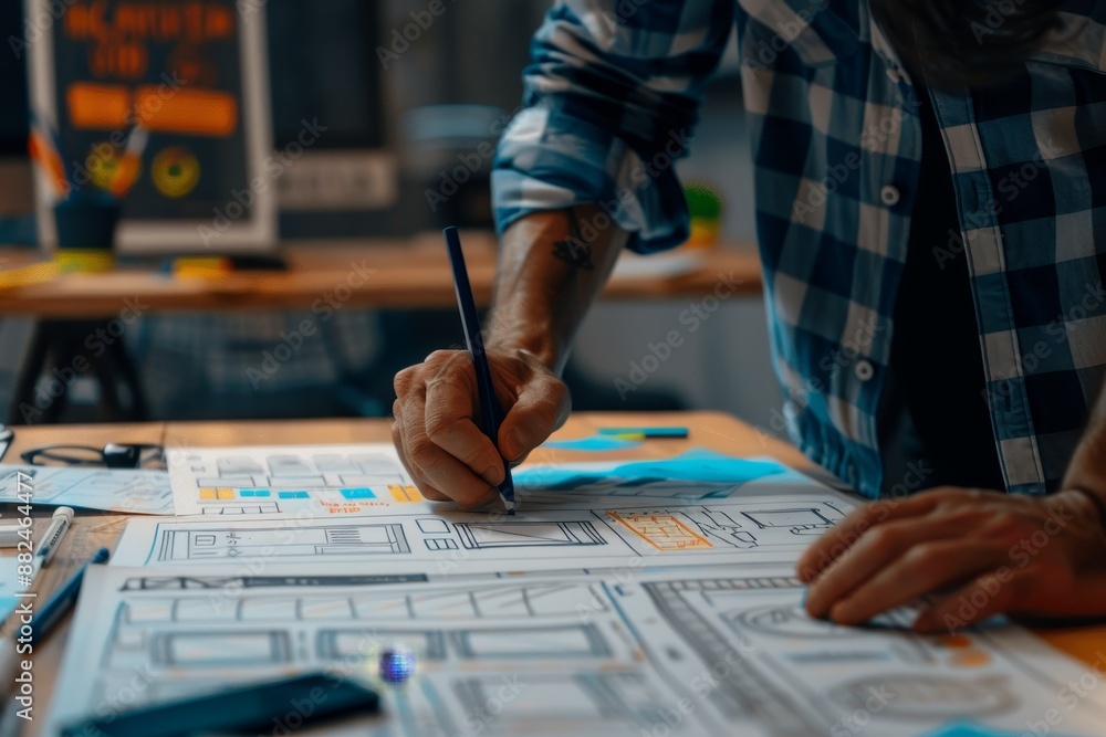 A designer sketching wireframes for a mobile app interface, showcasing ...