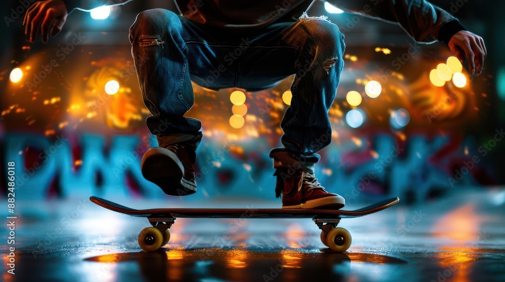 Skateboarder in a freeze frame while jumping off a ramp, urban graffiti ...