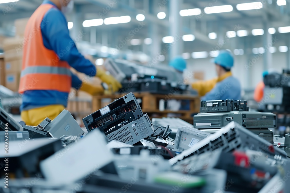 E-waste Recycling Center with Organized Stacks of Old Electronics ...