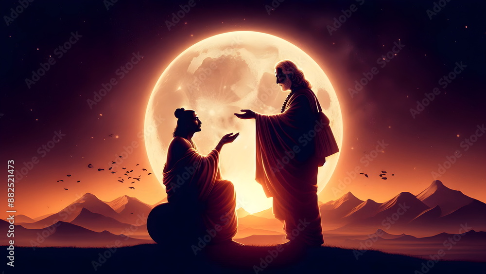 a silhouette of Guru Purnima blessing a disciple in front of the moon ...