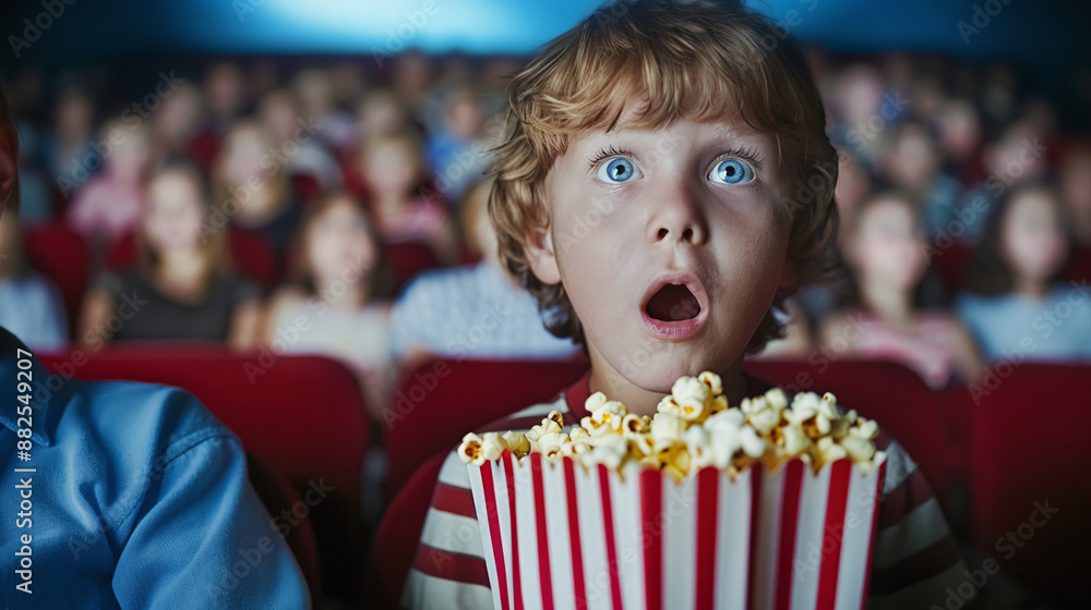 Scared caucasian child with popcorn, watching a scary movie at the ...