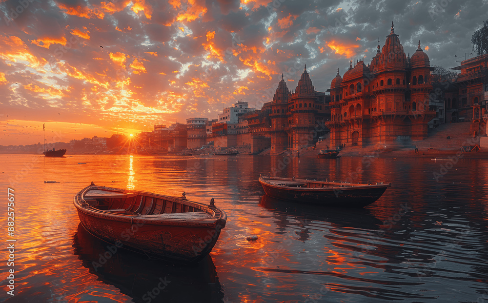 Varanasi City Ancient Architecture Boats on Ganga River at Sunset ...