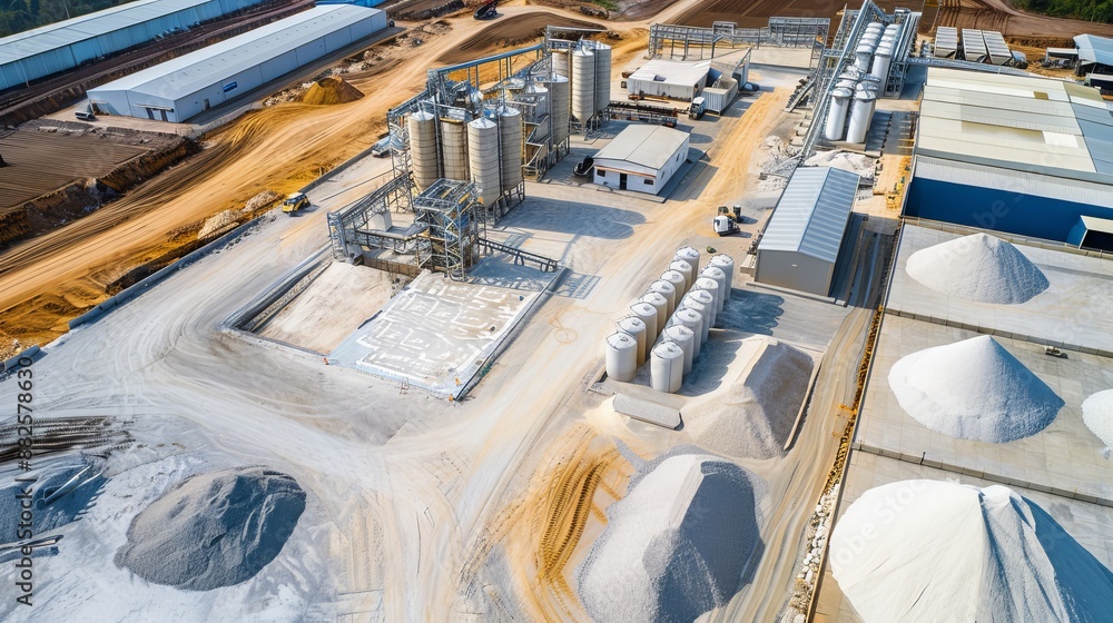 Aerial view of a large concrete manufacturing facility, expansive ...