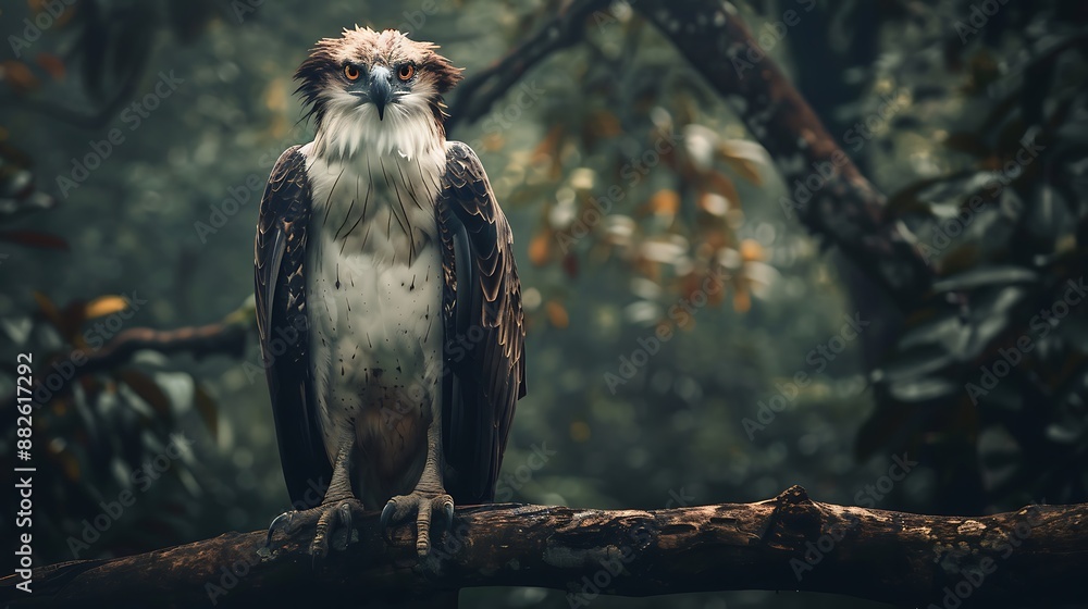 Philippine eagle perched on a tree branch, detailed feathers and ...