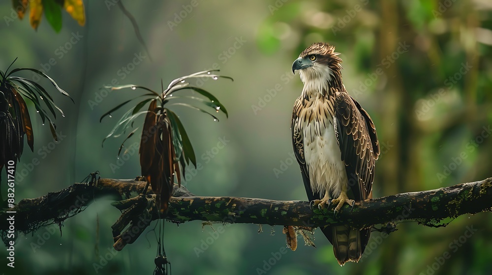 Philippine eagle perched on a tree branch, detailed feathers and intense gaze, dense forest ...