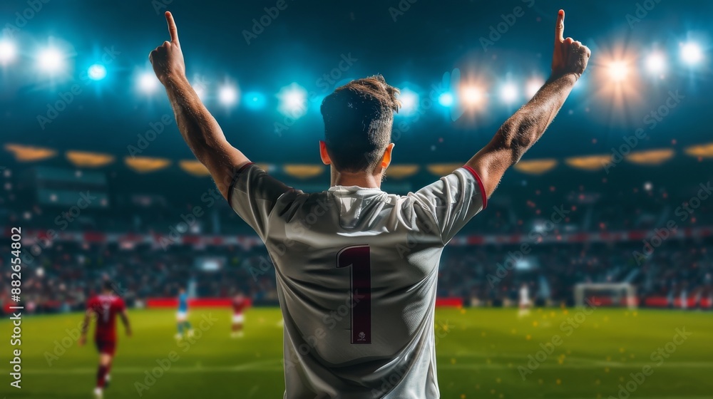 Football player wearing a white shirt Illuminated by spotlights, arms ...