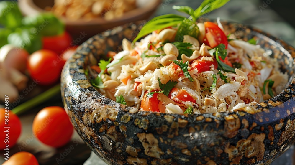 Close-up of Som Tum with crab, showcasing tender crab meat, shredded ...