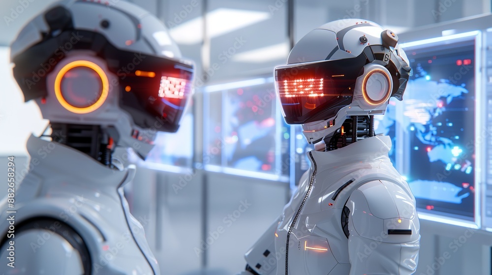 Collaborative robots and humans in a futuristic setting with vivid ...