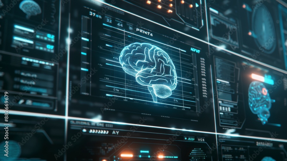 High-tech digital display of brain scans in a modern lab Stock ...