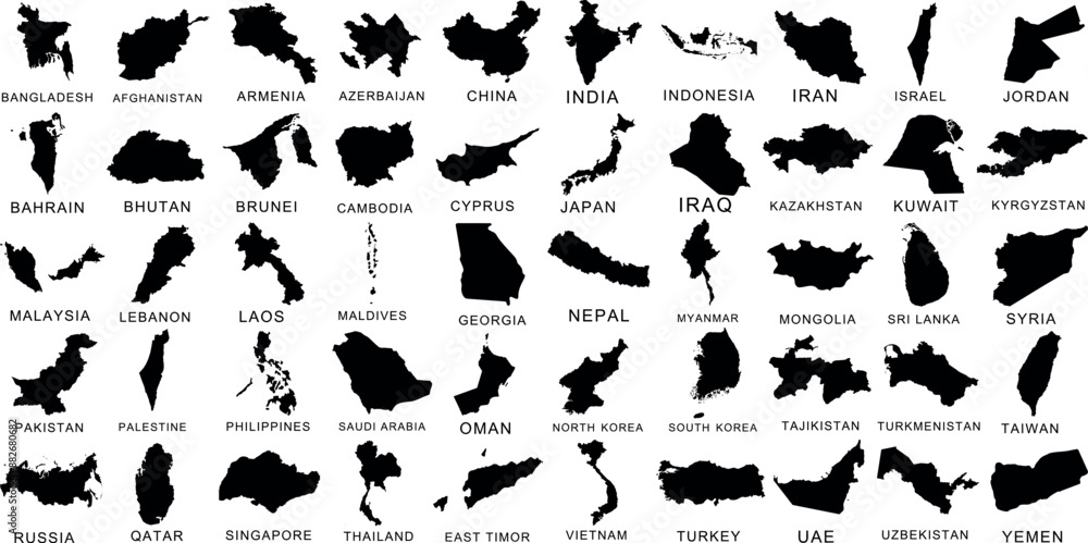 Asia Middle East countries map silhouettes, Asian maps border vector ...
