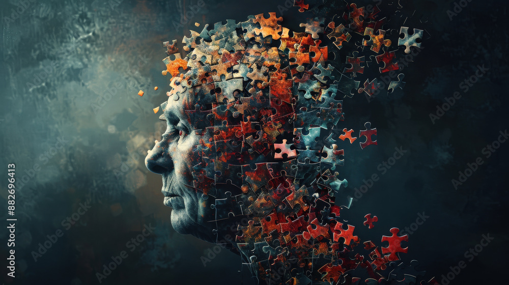 human silhouette composed of puzzle pieces, with some pieces missing or ...