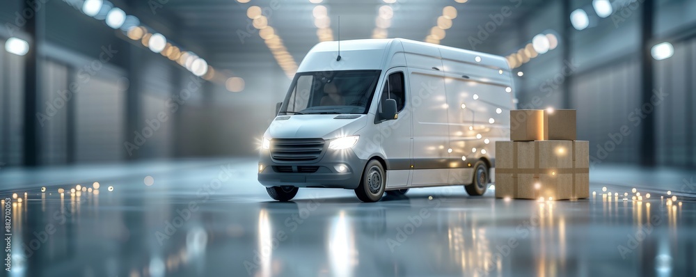 White delivery van with packages in a warehouse. Stock Photo | Adobe Stock