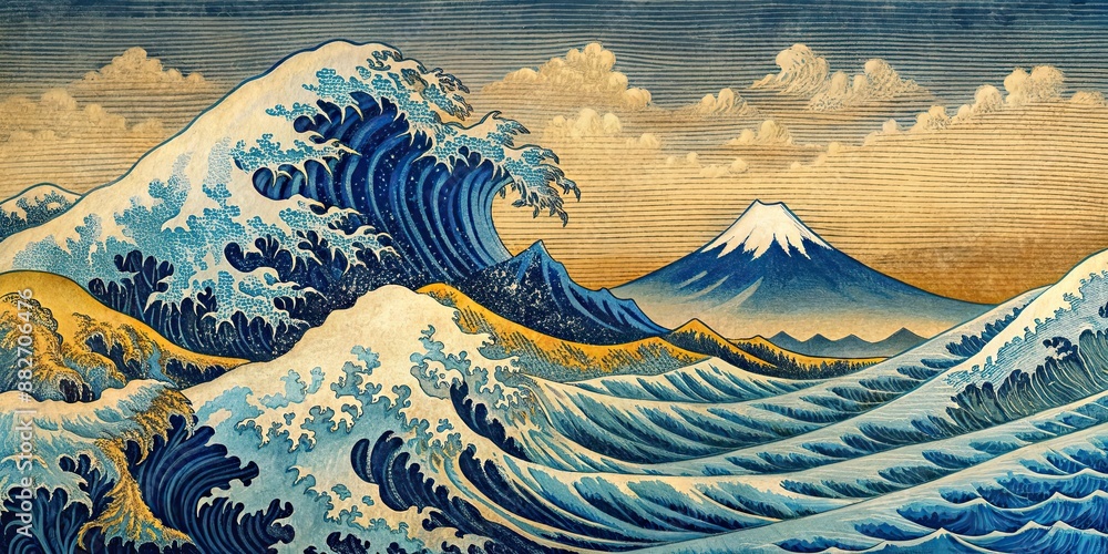 Japanese woodblock style painting of waves with Mount Fuji in the ...