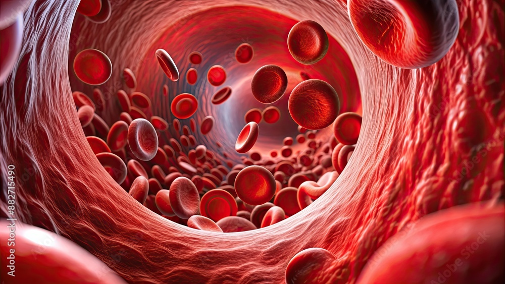 Red blood cells flowing through blood vessels, anatomy, biology ...