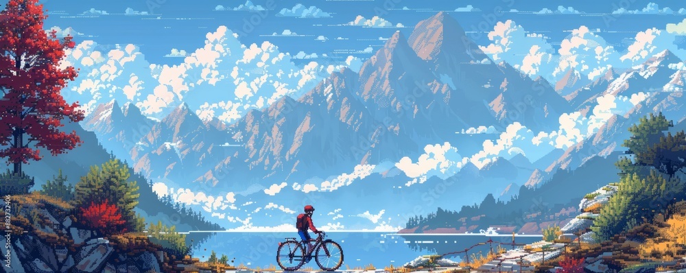 A pixel art representation of a pixelated cyclist riding through a ...