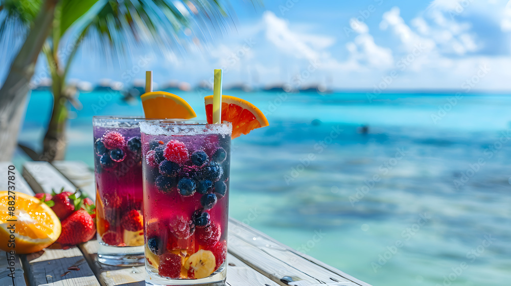 Bright Healthy Berries Cocktails on Table on Beach with Blue Sea on ...