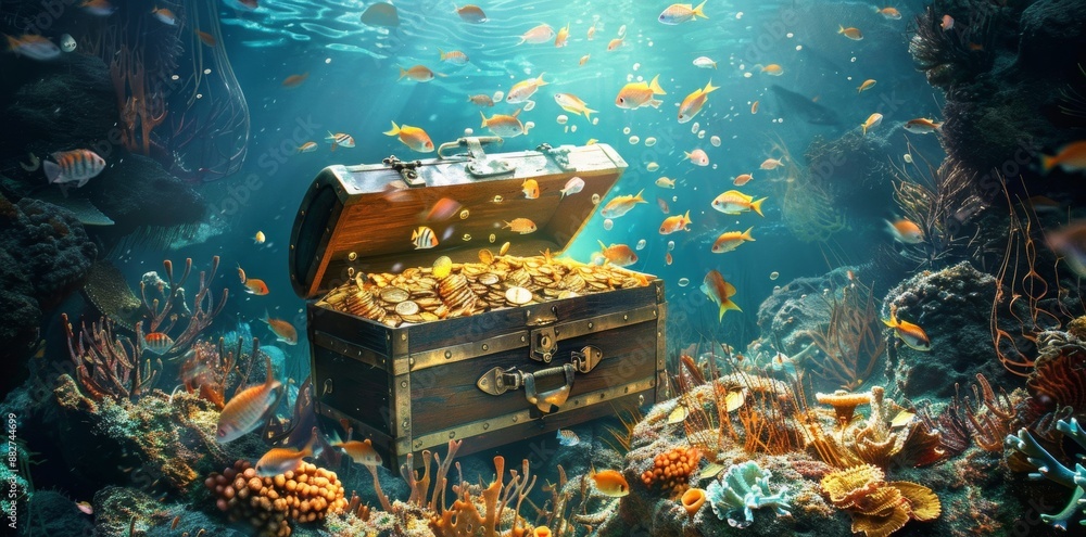 Treasure chest overflowing with gold coins and jewels, sparkling in the ...